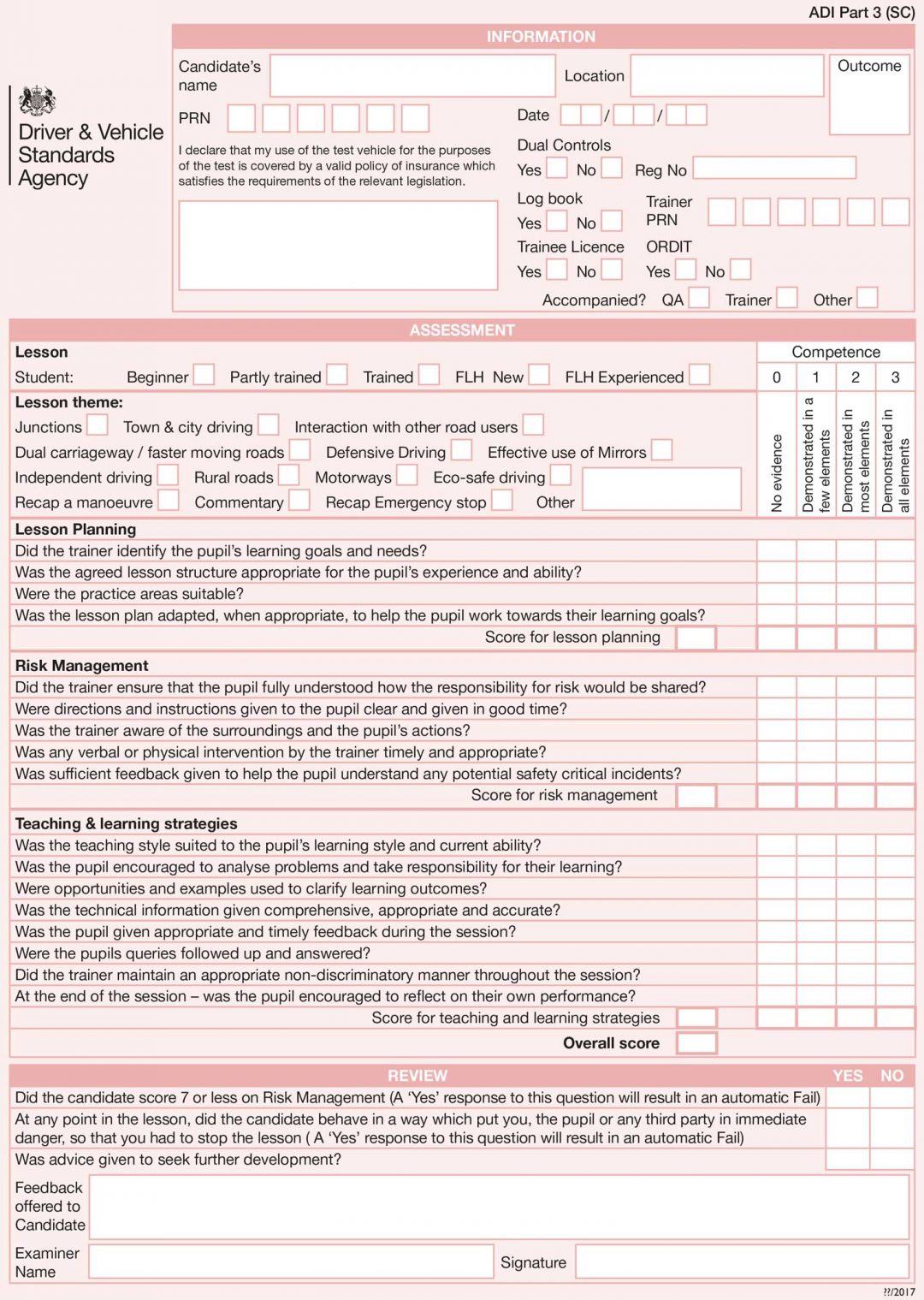 ADI Part 3 marking sheet - How to Pass the driving instructor tests