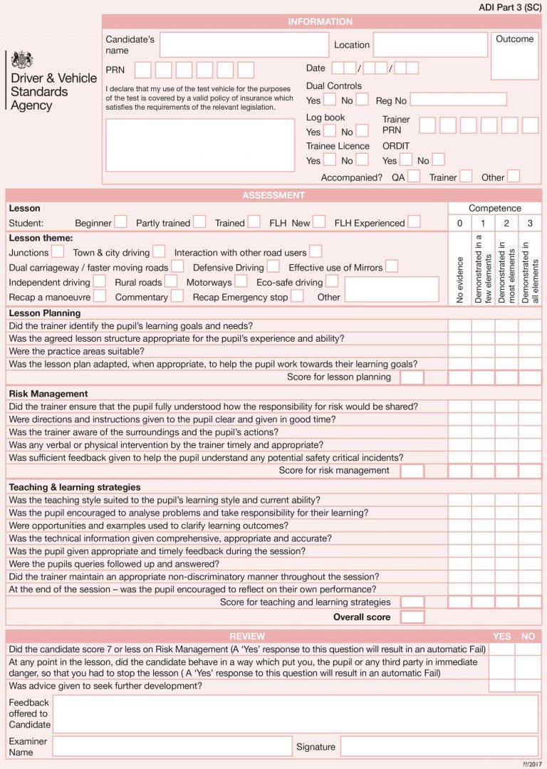 ADI Part 3 marking sheet - How to Pass the driving instructor tests